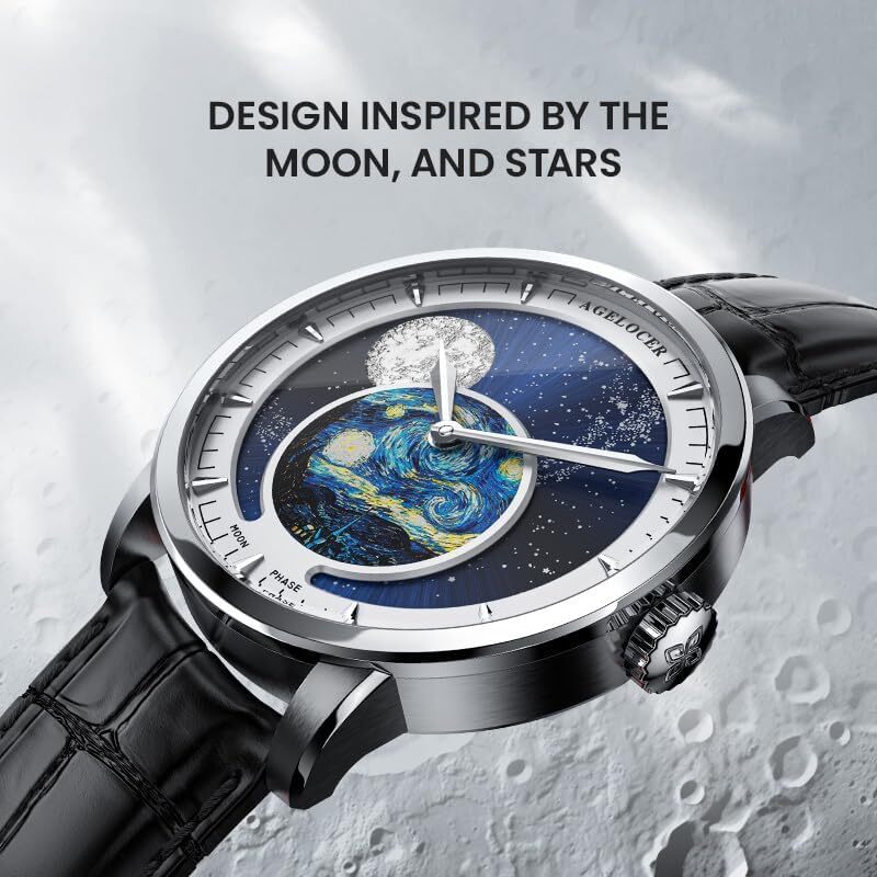 AGELOCER Men's Luxury Automatic Skeleton Watch Moon Phase Leather ...