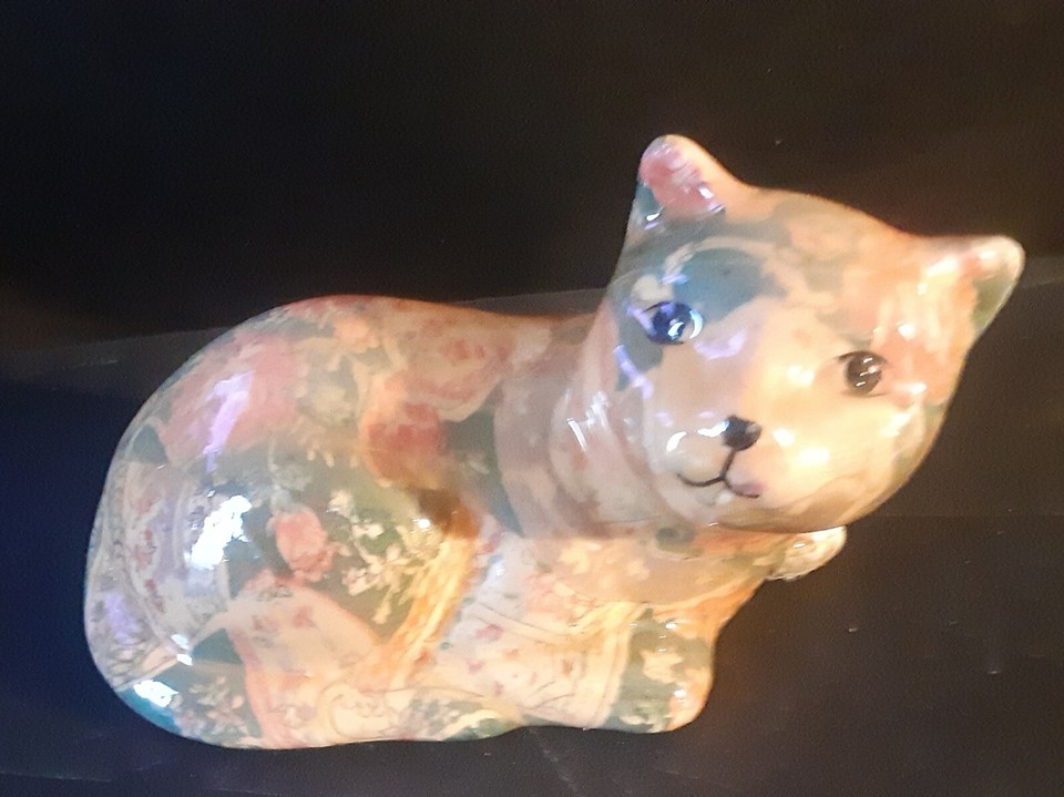 Cat Figurine Ceramic Vintage Cottage Core Patchwork Floral Pattern | eBay