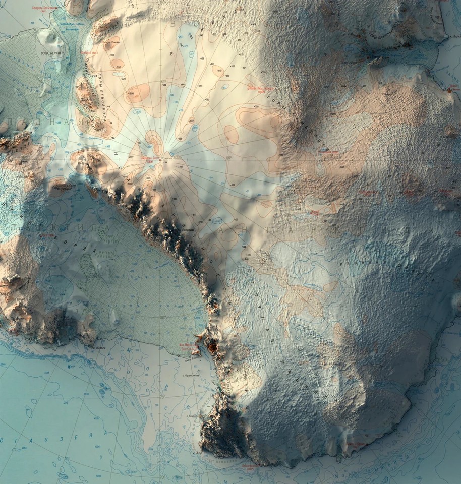 Antarctica Map, Antarctica 2D Relief Ma (Labels in Cyrillic) - 2D Flat ...