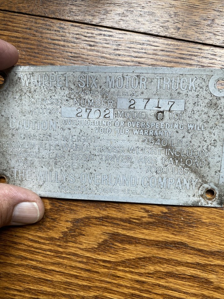 Willys Overland Jeep Data Plate Serial # 2717-Whippet 6 Motor Truck | eBay