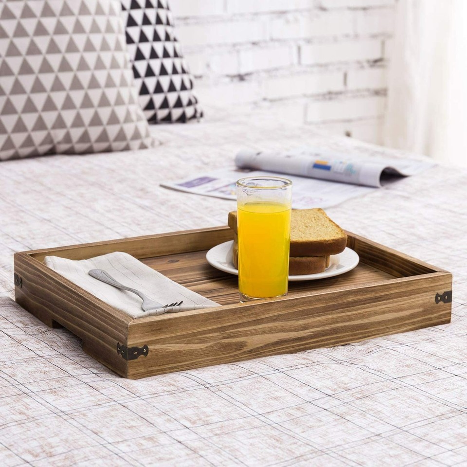 MyGift Rustic Dark Brown Wood Breakfast Serving Tray with Foldable Legs ...
