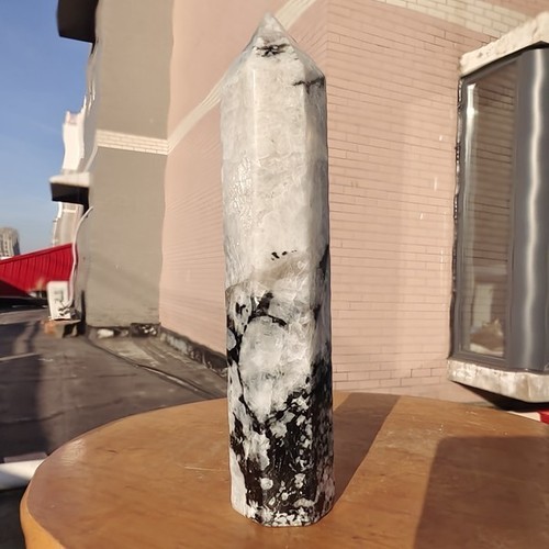 515g Large White Rainbow Moonstone Crystal Obelisk Tower Point Quartz ...