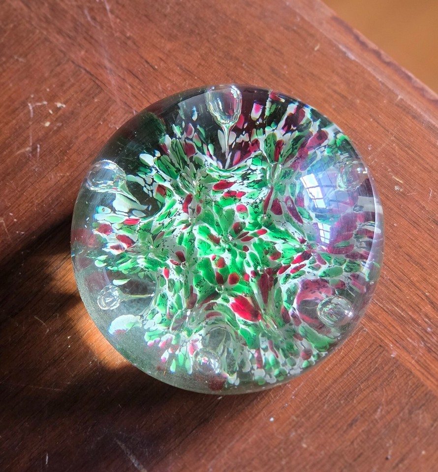 Round Glass Paperweight - Hand blown - Bubbles with Green Desing with ...