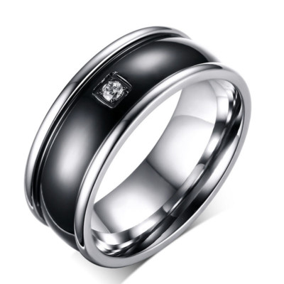 US SELLER STAINLESS STEEL BLACK BAND RING SINGLE WHITE GEM CHIP SIZE 8 ...