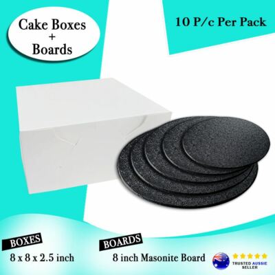 CAKE BOXES 8x8x2.5 20Pc + Masonite Cake Board 8" RD Black Window ...