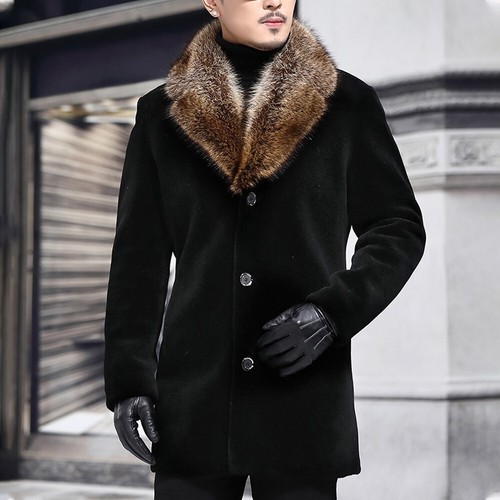 Mens Faux Fur Overcoat Fur Collar Outdoor Jacket Trench Coat Parka ...