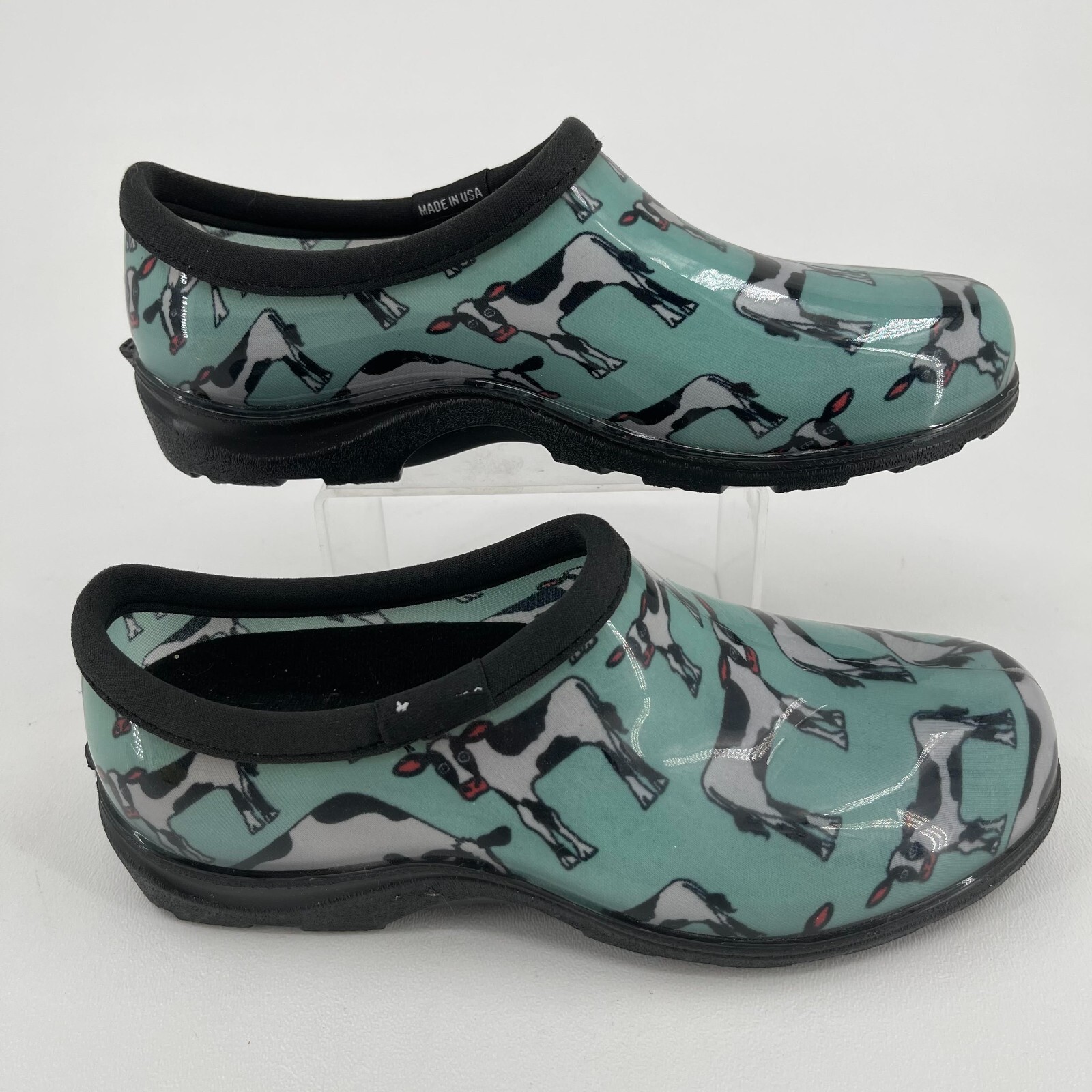 Sloggers WOMENS Black Green Cow Pattern Slip On Waterproof Gardening ...