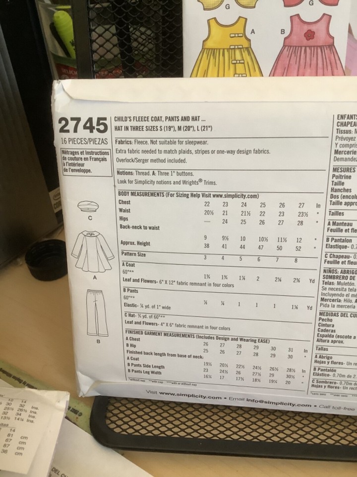 Simplicity Girls Pattern 2745 PATTY REED FLEECE COAT PANTS HAT UC 3 4 5 ...