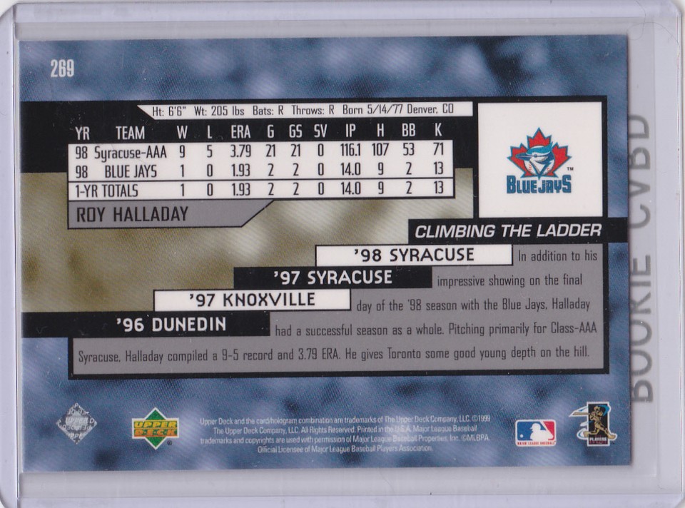 Roy Halladay ROOKIE CARD Toronto Blue Jays Baseball UPPER DECK STAR RC ...