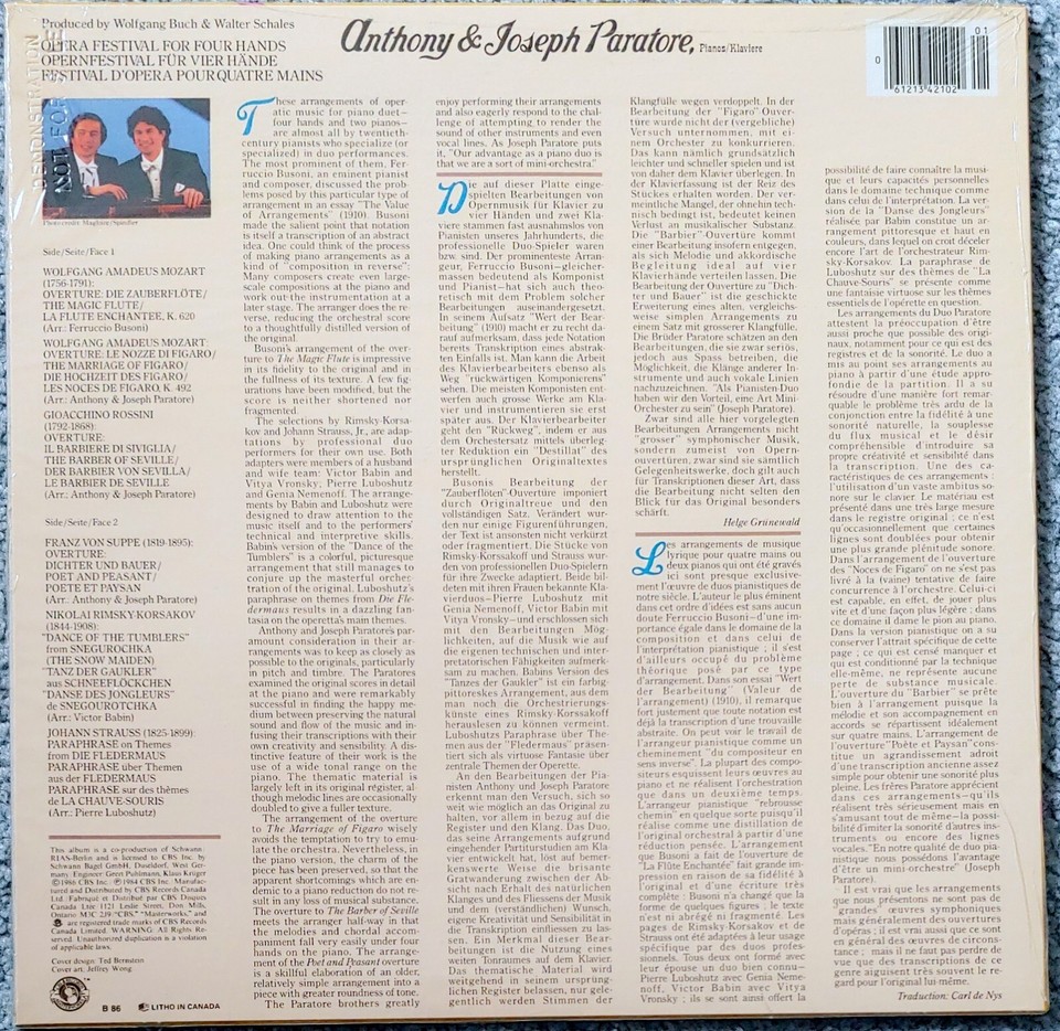 ANTHONY & JOSEPH PARATORE-OPERA FESTIVAL FOR FOUR HANDS LP VINYL ...