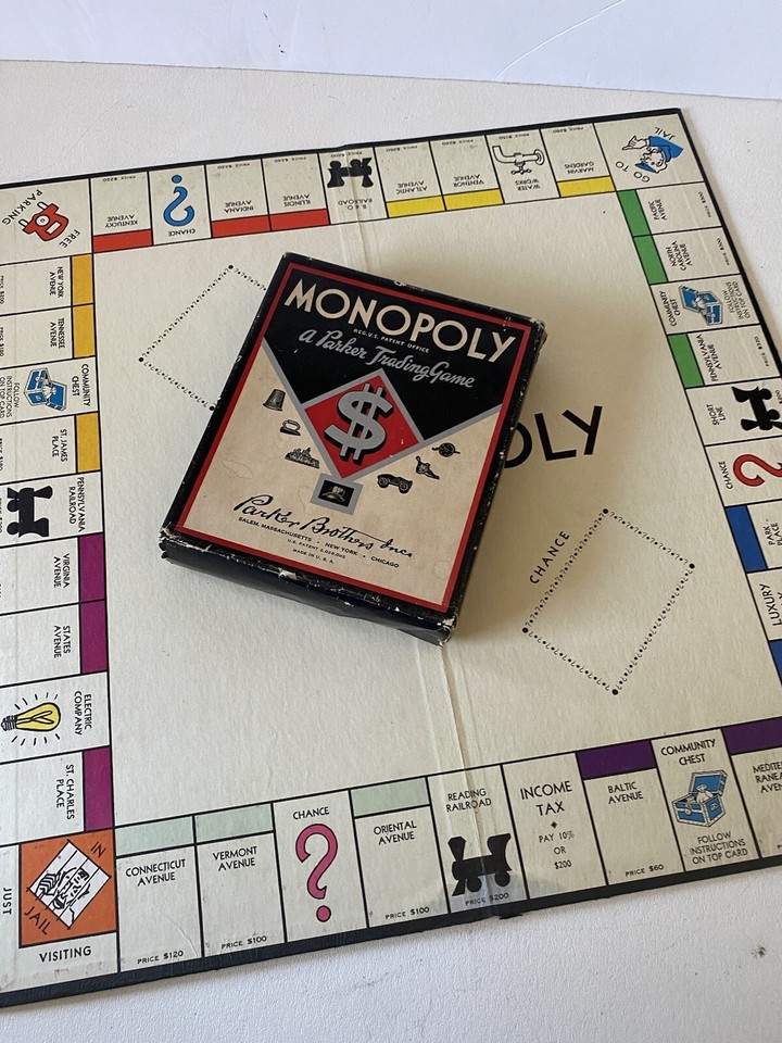 Vintage Monopoly Game Black Box Single Patent w Board Metal & Wood ...