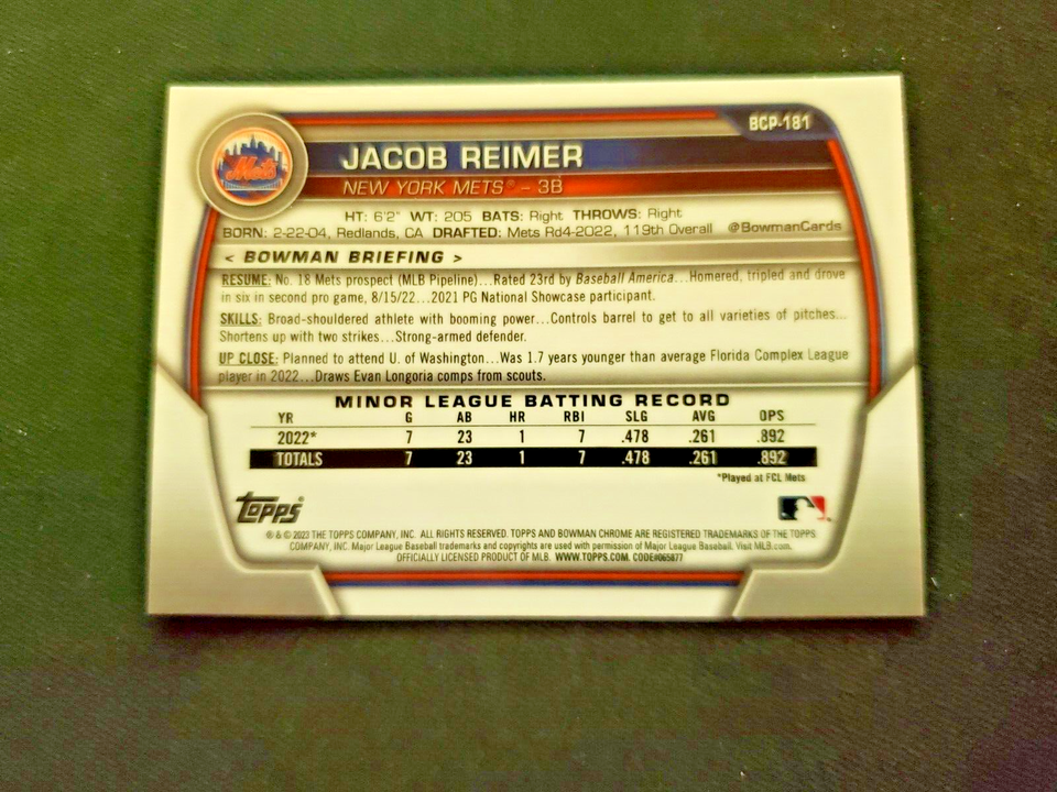 2023 Bowman Chrome Jacob Reimer 1st #BCP-181 New York Mets | eBay