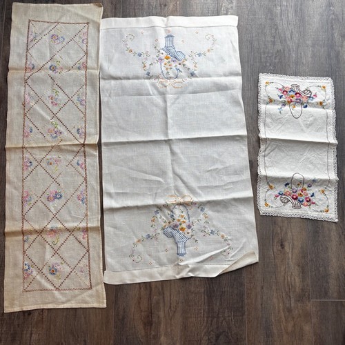 Vintage Hand Embroidered Floral Table Runner Set 3pc Linen Dresser ...