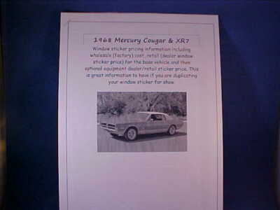 1968 Mercury COUGAR fact/dealer cost/retail window sticker price--car ...