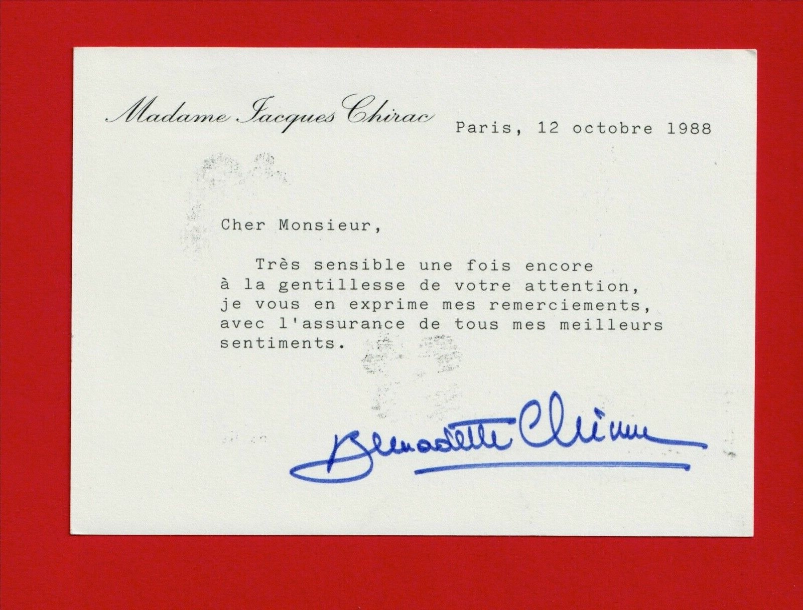 AO90-CARTE-SIGNÉE-MADAME JACQUES CHIRAC-[BERNADETTE CHIRAC]-1988 | eBay