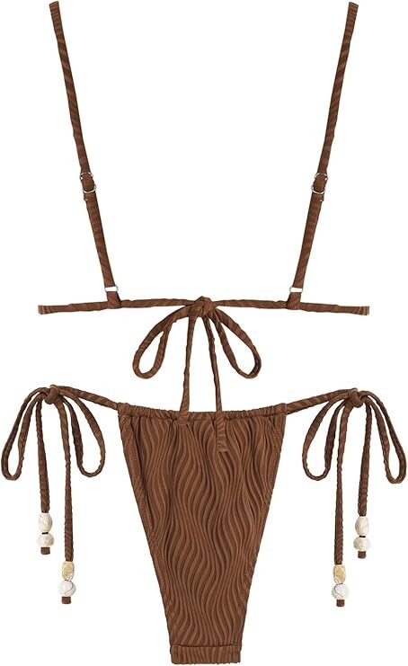 Women Triangle String Bikini Fishnet Mesh Tie Shell Decor Tanga 2 Pcs M ...