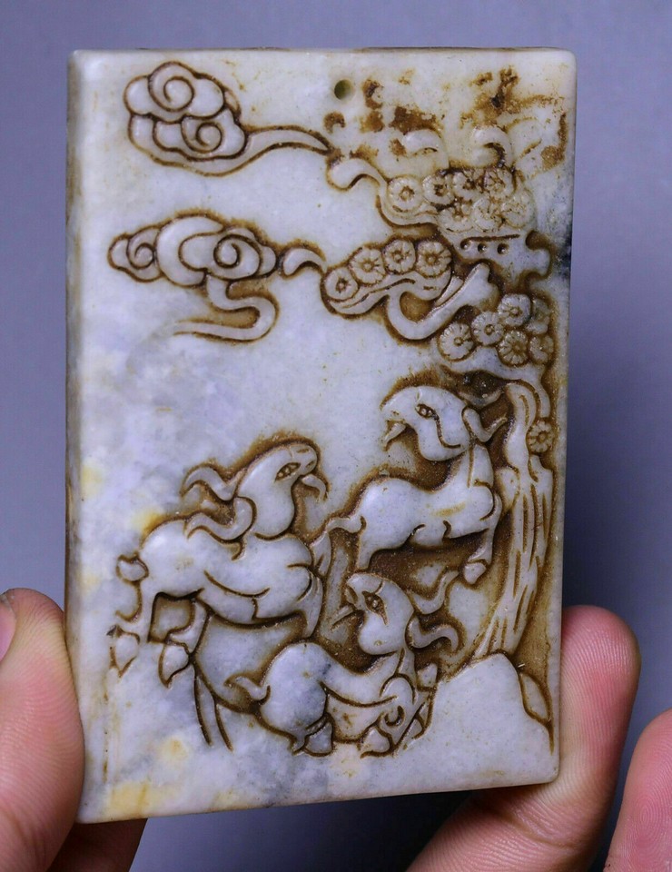 8.5CM China Hongshan Culture Old Jade 3 Three Goat Ram Animal Token ...