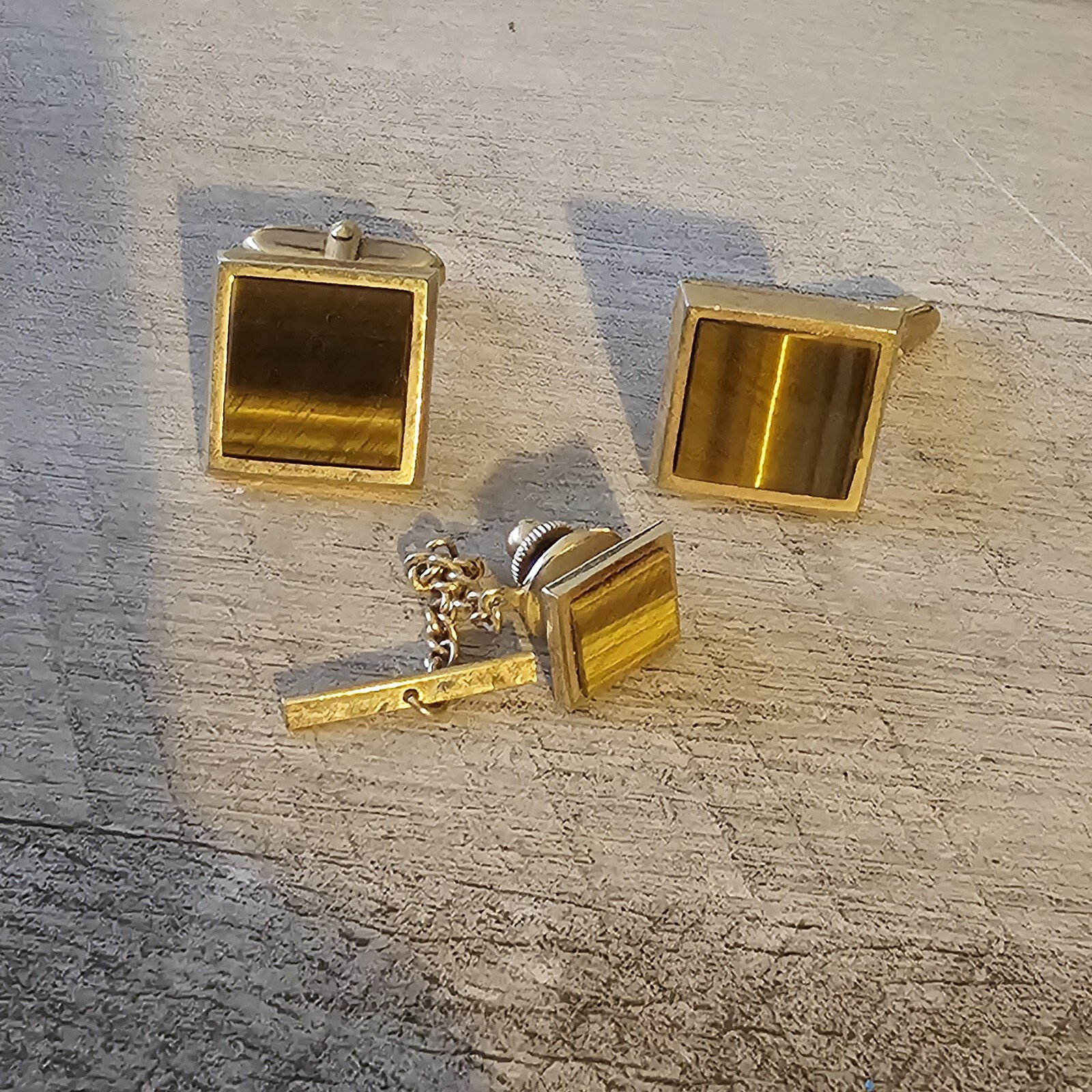 Vintage Square Tigers Eye Cufflinks Gold Tie Tac Pin Set 70's Cuff ...