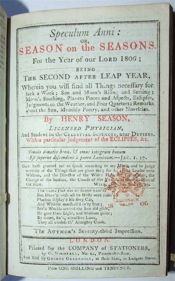 7 Almanacs for 1806, Astronomy, Meteorology, Maths, Solar Eclipse ...