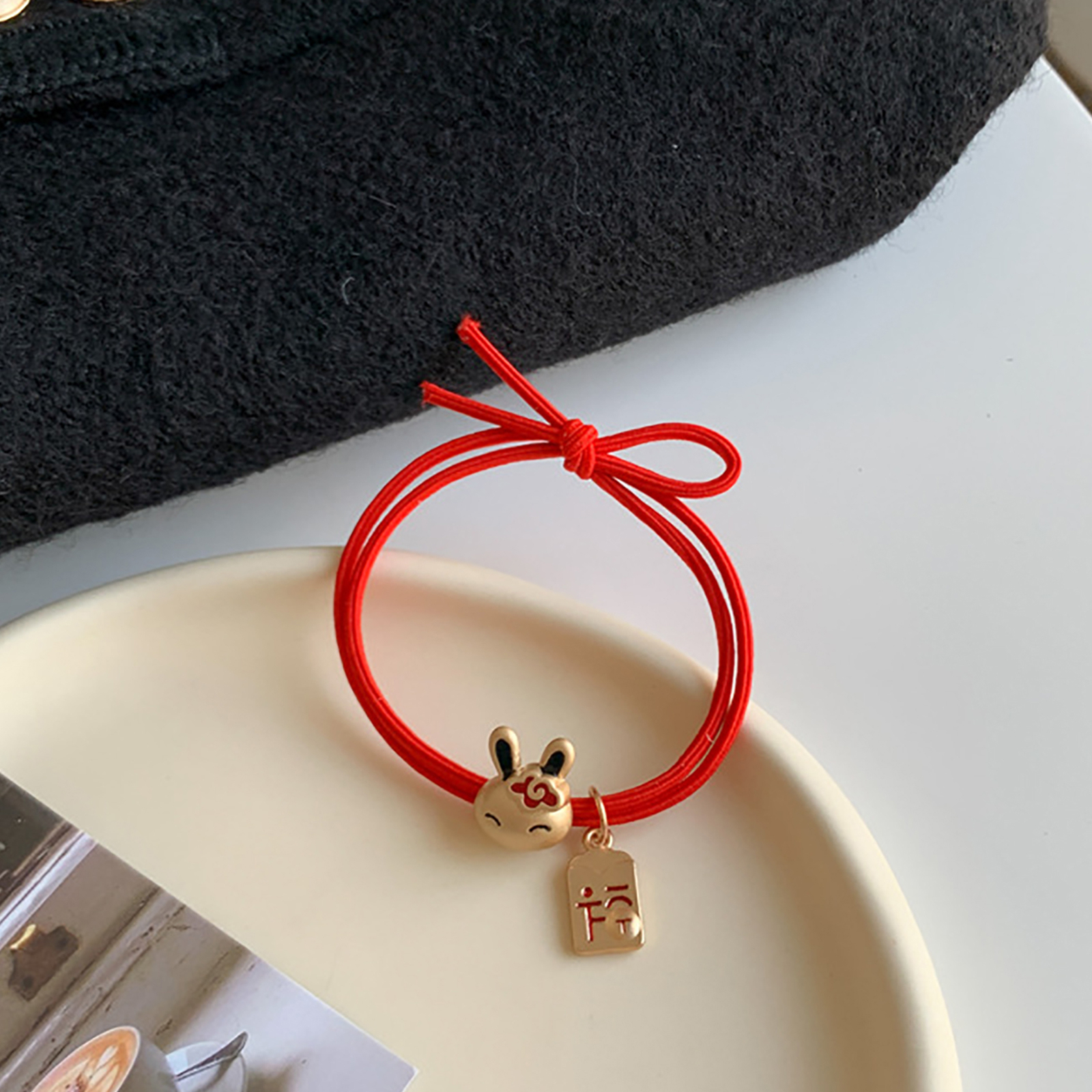 Red Hair Band Stretchy Gift Chinese New Year Lucky Rabbit Pendant Hair ...