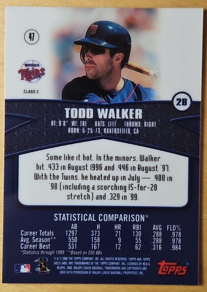 2000 Topps Gold Label Todd Walker Class 2 #47 Minnesota Twins Baseball ...