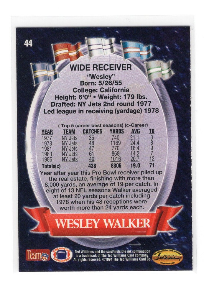Football Card - 1994 Wesley Walker 44 - New York Jets Ted Williams NFL ...