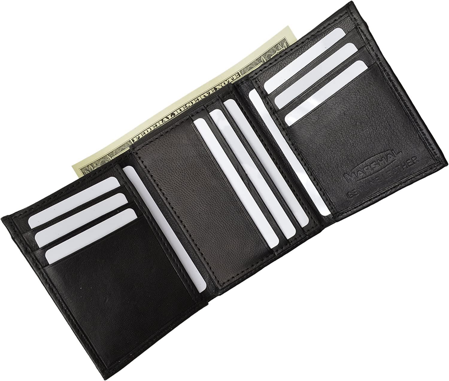 Leather Men Tri Fold Wallet FIXED Flip Up Window ID Black By Marshal ...