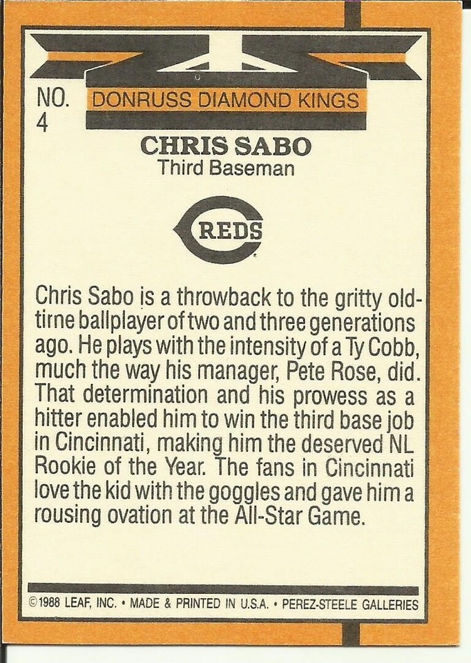 1989 DONRUSS DIAMOND KING Baseball Card #4 Chris Sabo REDS (SC4-2) | eBay
