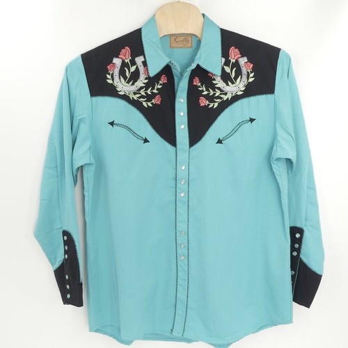 SCULLY XL Blue Pearl Snap Western Shirt Embroidered Lucky Horseshoe ...