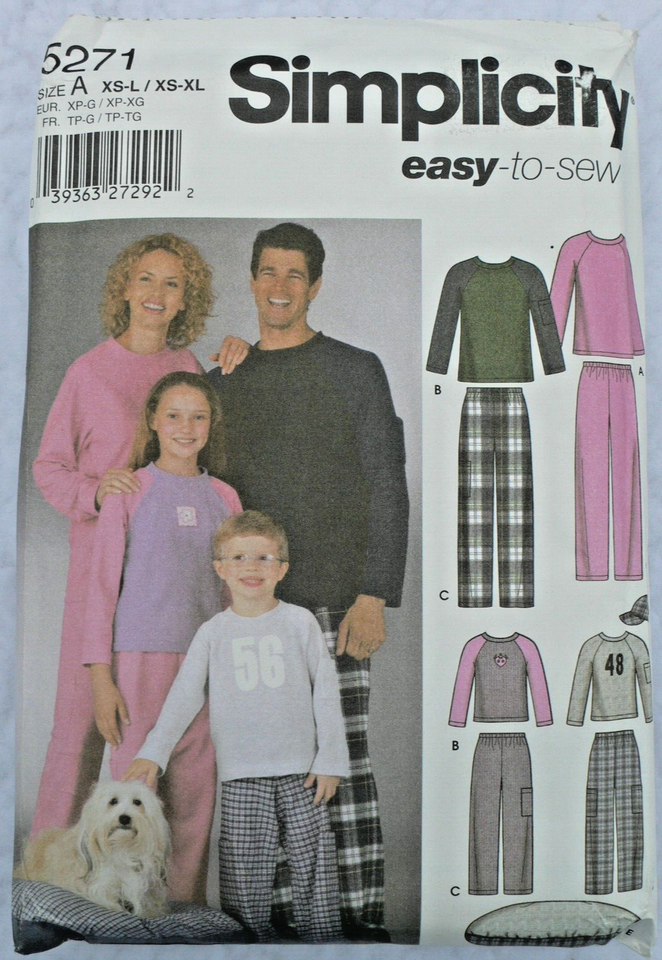 Simplicity Unisex Family Pajamas Top Pants Pet Bed Pattern 5271 Child ...