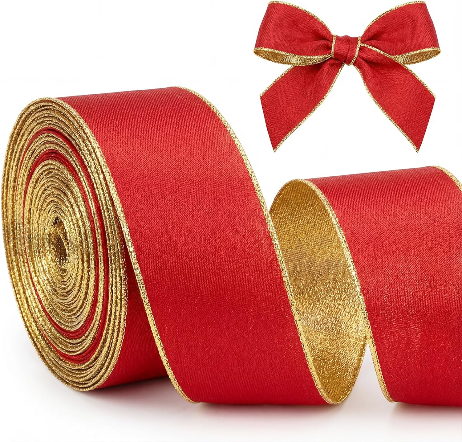 Christmas Ribbon Wired Red and Gold Ribbon 10 Yards 1.5 Inch Double ...