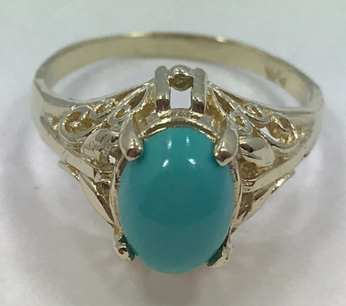 10 karat Blue Turquoise ring - 10K gold oval cabochon Blue Turquoise ...