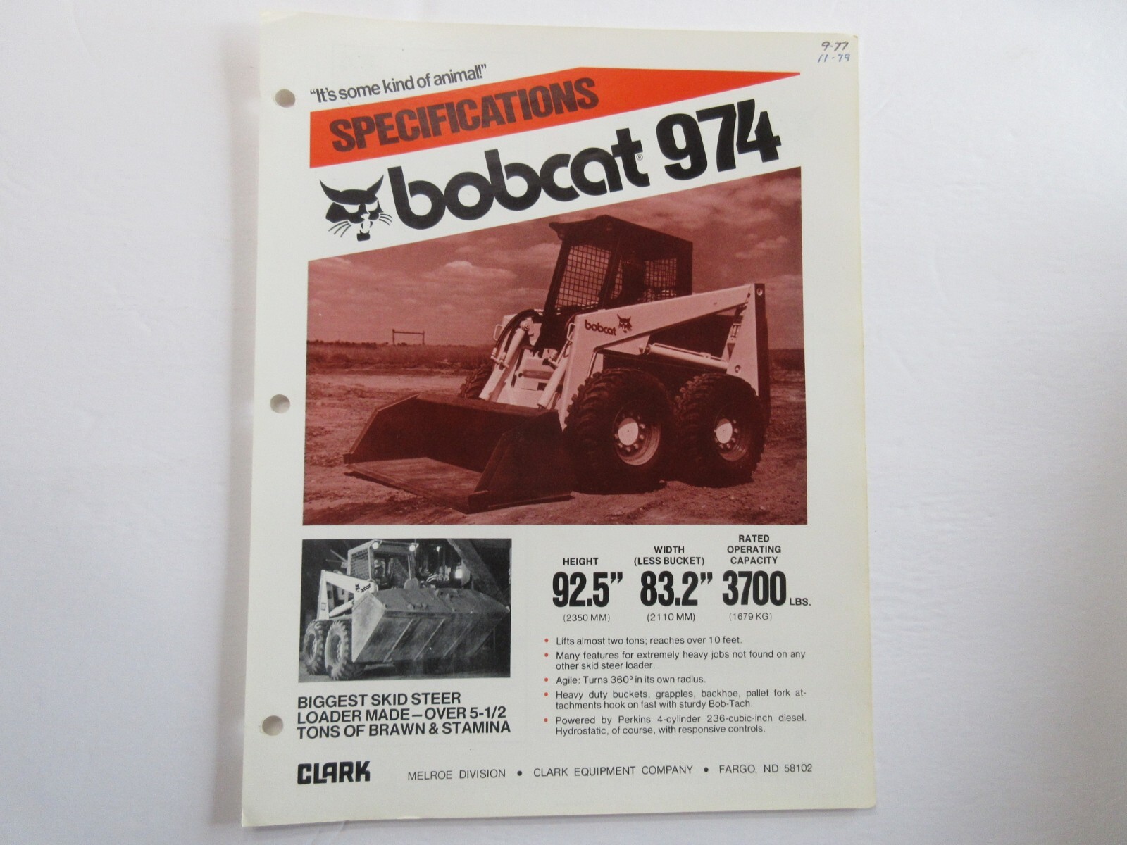 Bobcat 974 Skid Steer Loader Brochure 2 Page | eBay