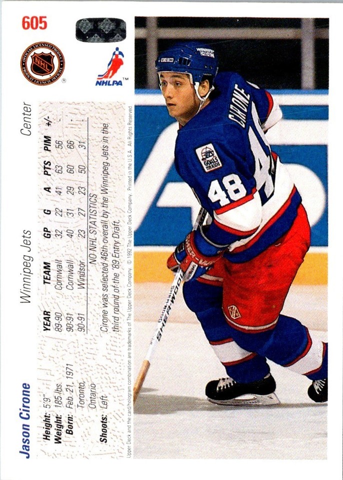 1991 Upper Deck Jason Cirone #605 Winnipeg Jets Hockey Card | eBay