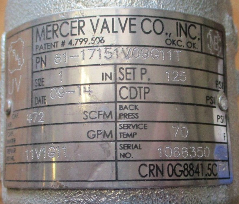 MERCER 81-17151V09G11T 8100 Series Relief Valve 1" NPT, Set Pressure ...