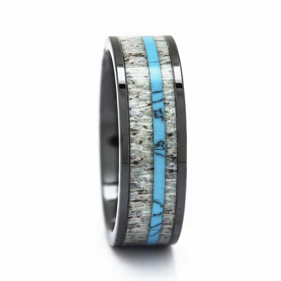 Black Ceramic Deer Antler Ring, Deer Antler and Turquoise Inlay, 8mm ...