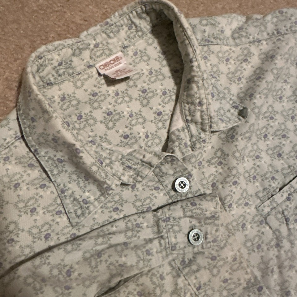 VTG CHEROKEE BLOUSE Green & Blue CHAMBRAY FLORAL SHIRT WOMENS PLUS 18 ...