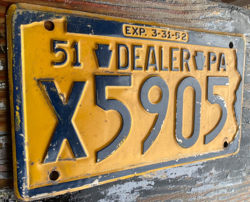 FAIRLY NICE 1951 PENNSYLVANIA DEALER LICENSE PLATE, X 5905, ORIGINAL ...