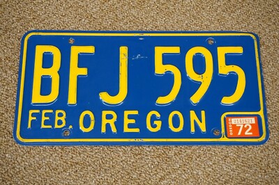 Vintage Original 1964-75 Oregon Blue & Yellow License Plate February ...