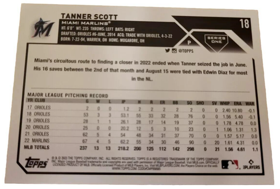2023 Topps #18 Tanner Scott Florida Miami Marlins MLB Baseball Card (X ...