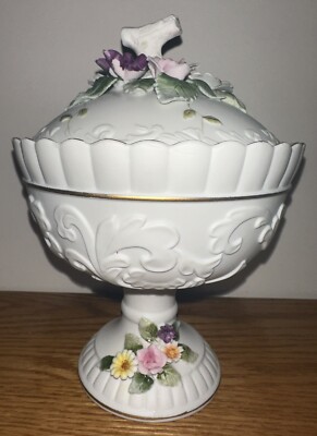 Vintage Lefton Bisque Pedestal Candy Dish Applied Flowers And Twig ...
