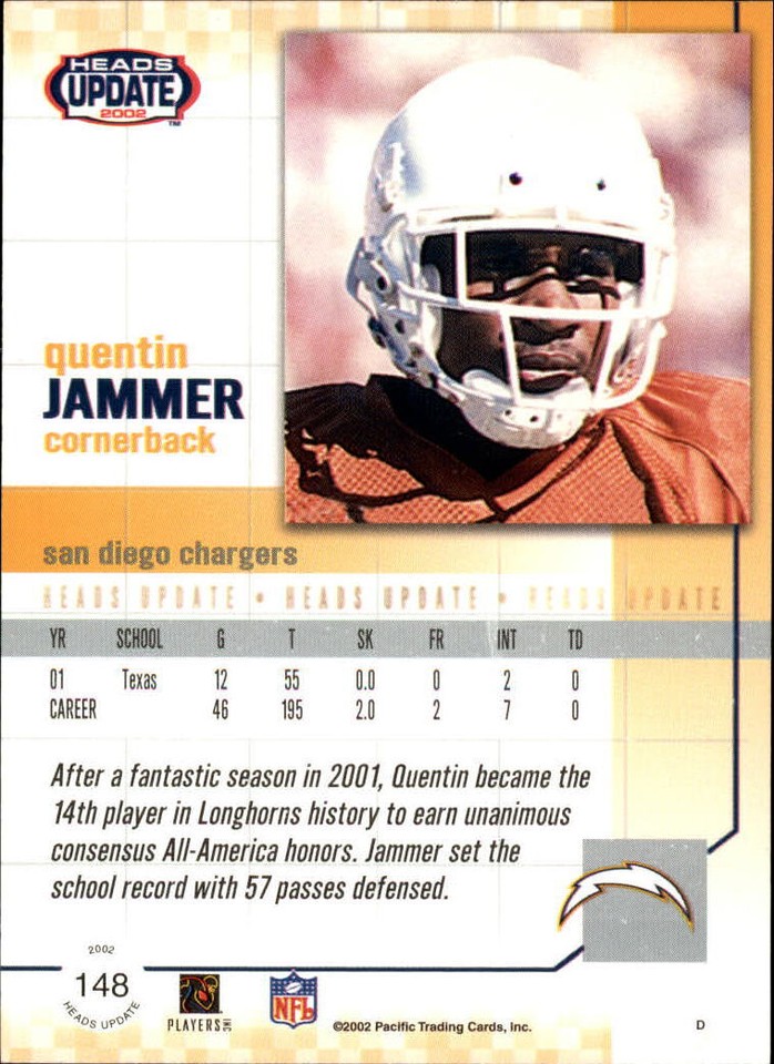 2002 Pacific Heads Update Red Chargers Football Card #148 Quentin ...