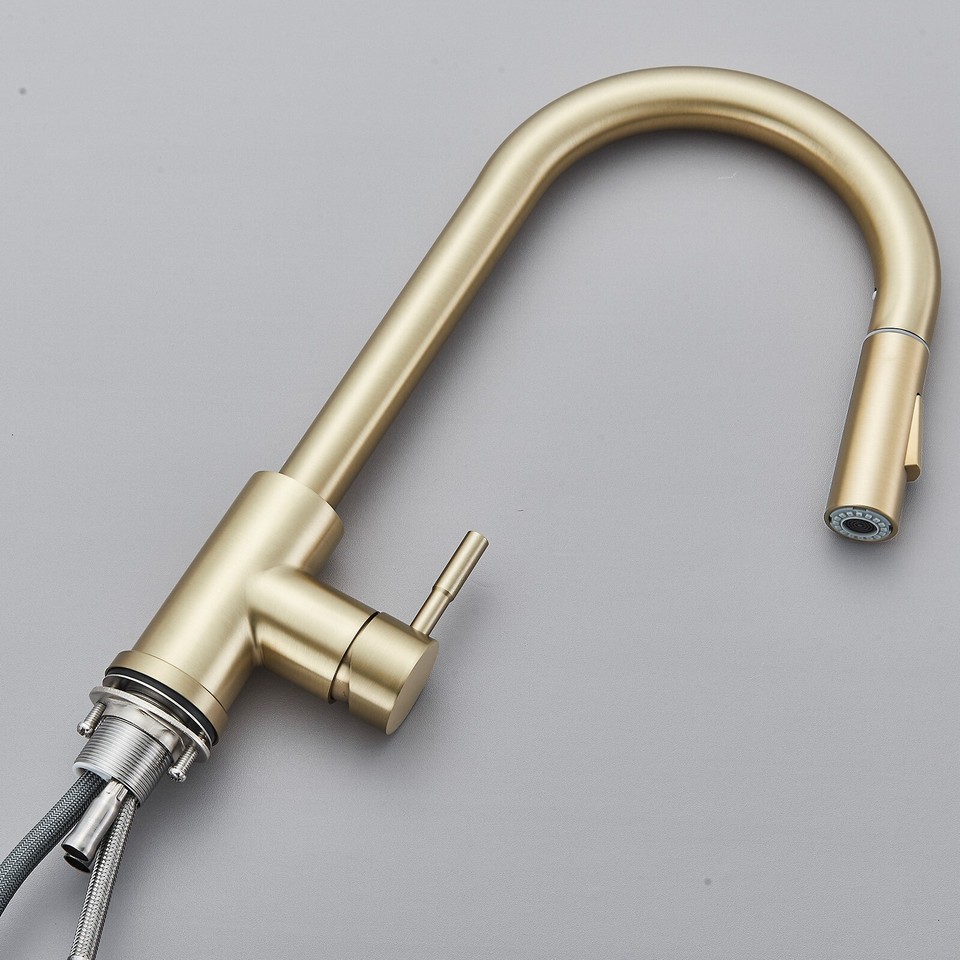 Brushed Gold Kitchen Faucet Sink Mixer Faucet Pull Down Sprayer Single ...
