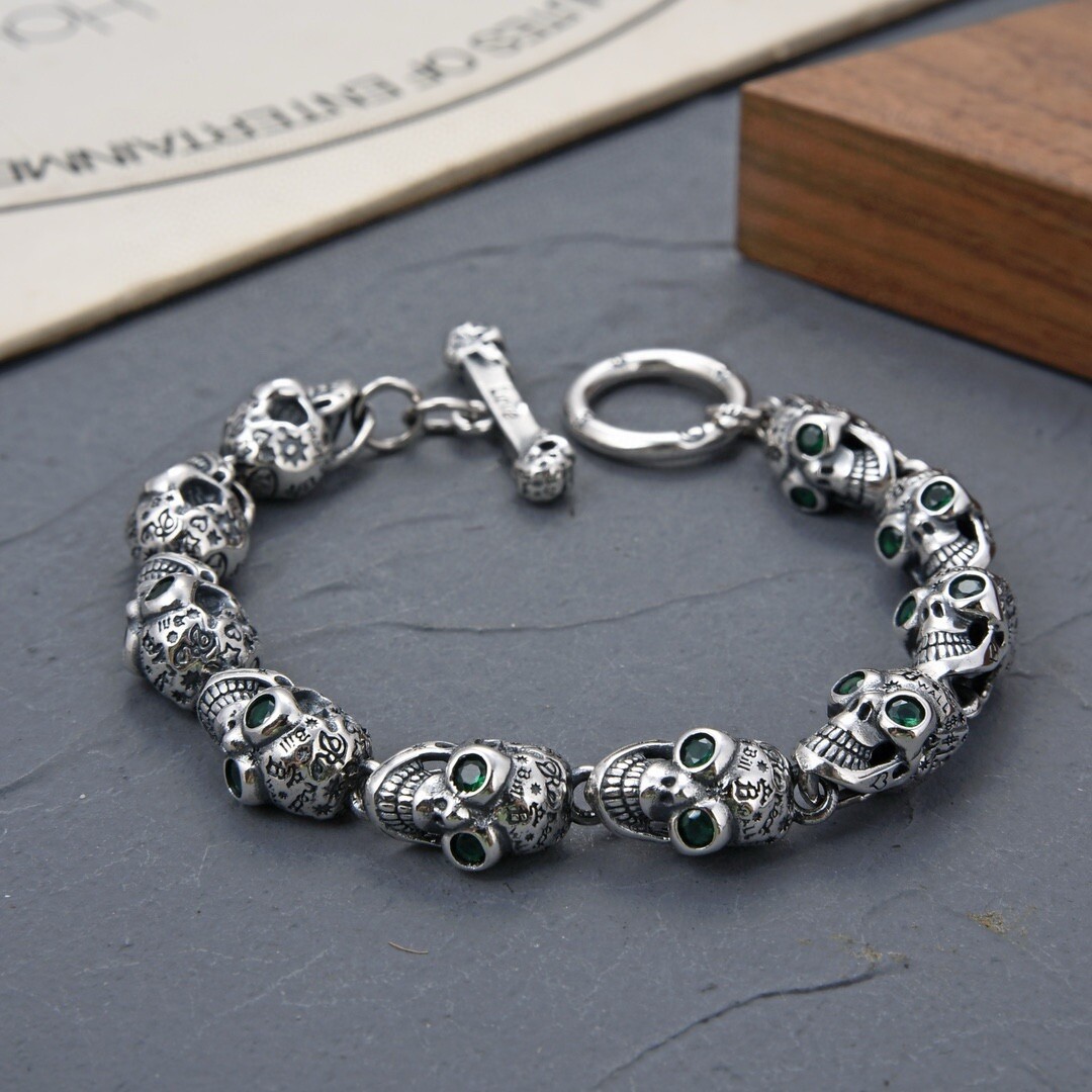 Biker Punk Rocker Chain 8.5" Green Eye Skull 925 Sterling Silver ...