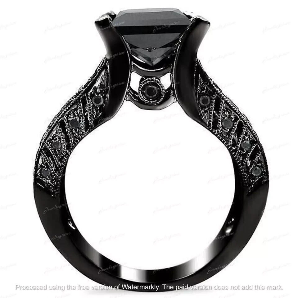 3Ct Princess Cut Lab-Created Black Diamond Bridal Ring Set 14K Black ...