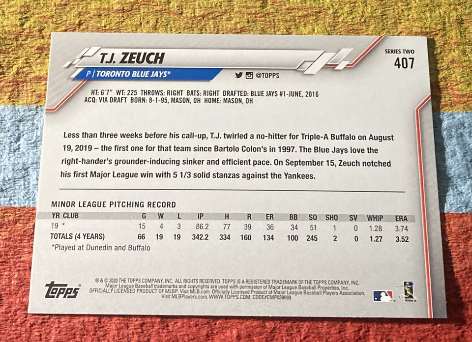 2020 Topps #407 T.J. Zeuch RC Rookie Card ~ Toronto Blue Jays | eBay