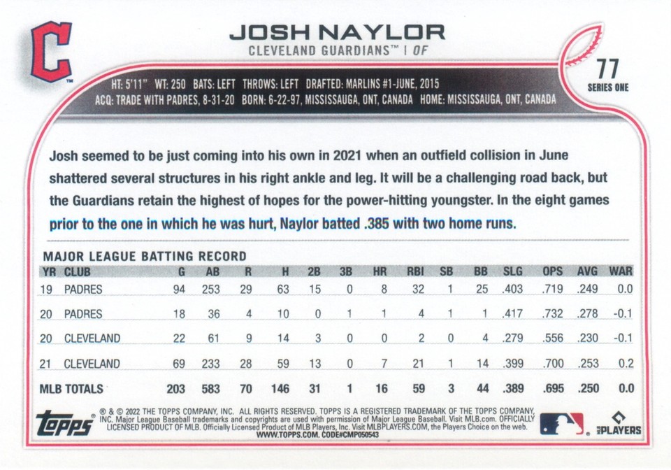 Josh Naylor 2022 Topps Series 1 Baseball Card #77 Cleveland Guardians ...