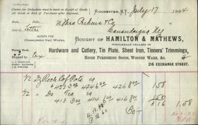 1894 Rochester New York (NY) Receipt Hamilton & Mathews Theo Perkins ...