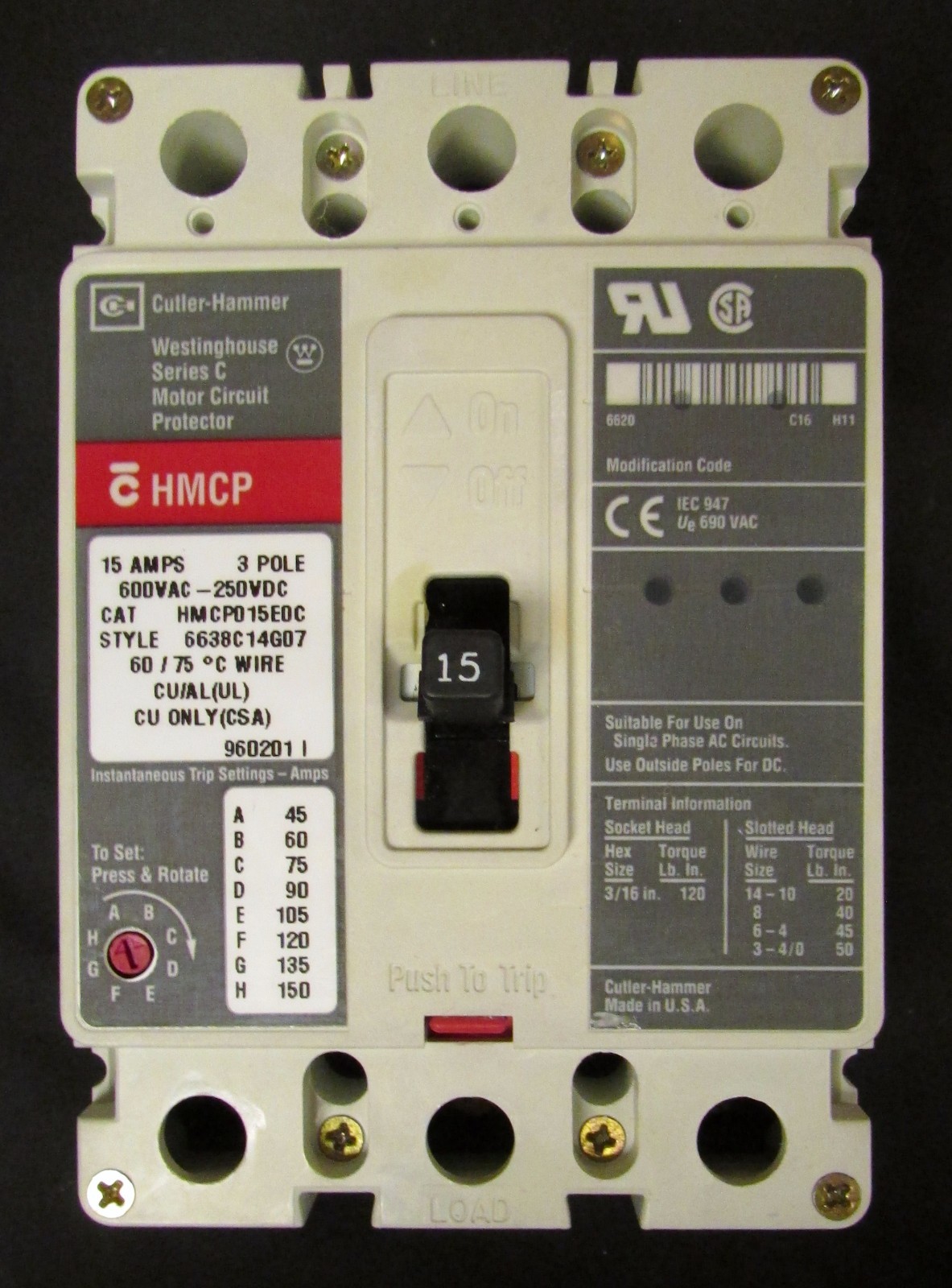 CUTLER HAMMER WESTINGHOUSE HMCP Motor Circuit Protector 15 Amp 3 Pole ...