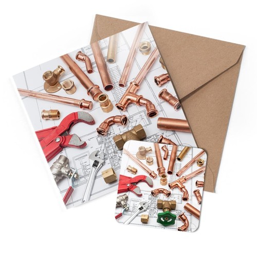 1 x Greeting Card & Coaster Set - Plumbing Tools Trade Dad Uncle Mens ...